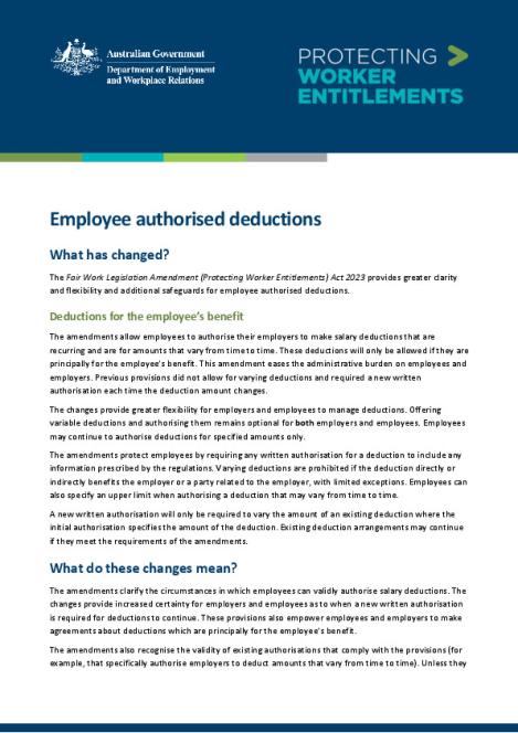 Employee authorised deductions - Department of Employment and Workplace Relations, Australian ...